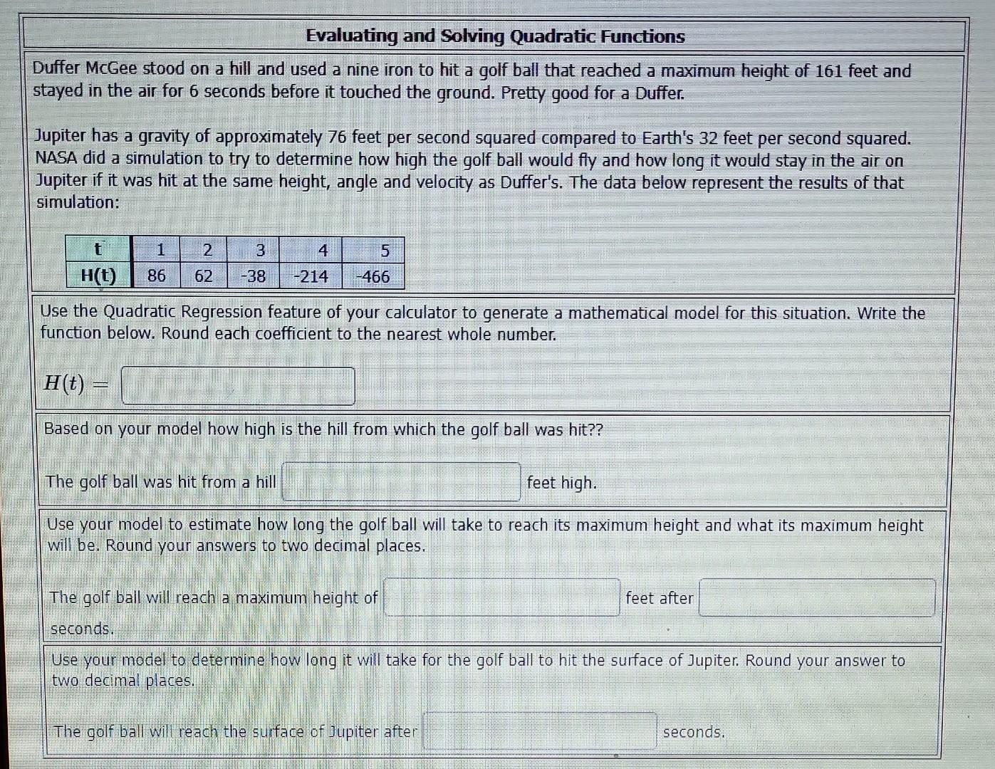 Solved Evaluating and Solving Quadratic Functions Duffer | Chegg.com