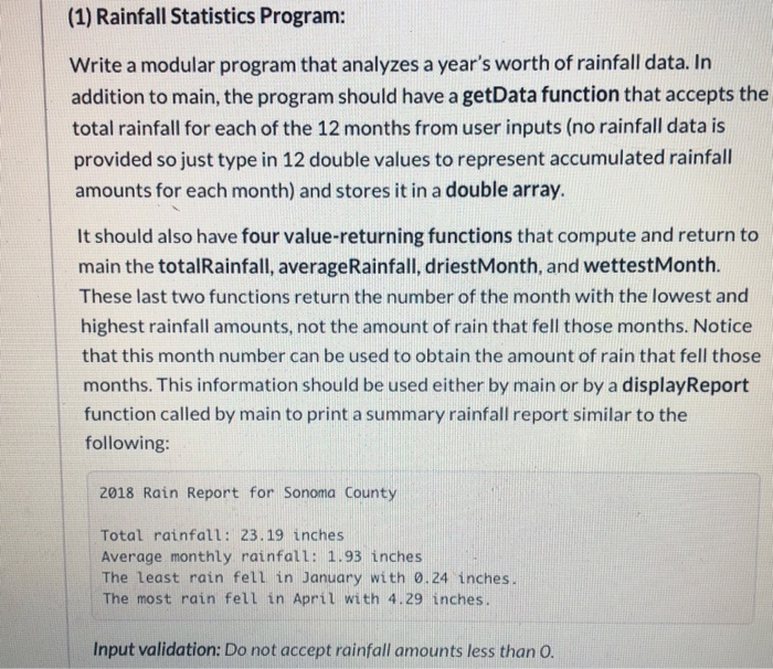 Solved 1 Rainfall Statistics Program Write A Modular 6329