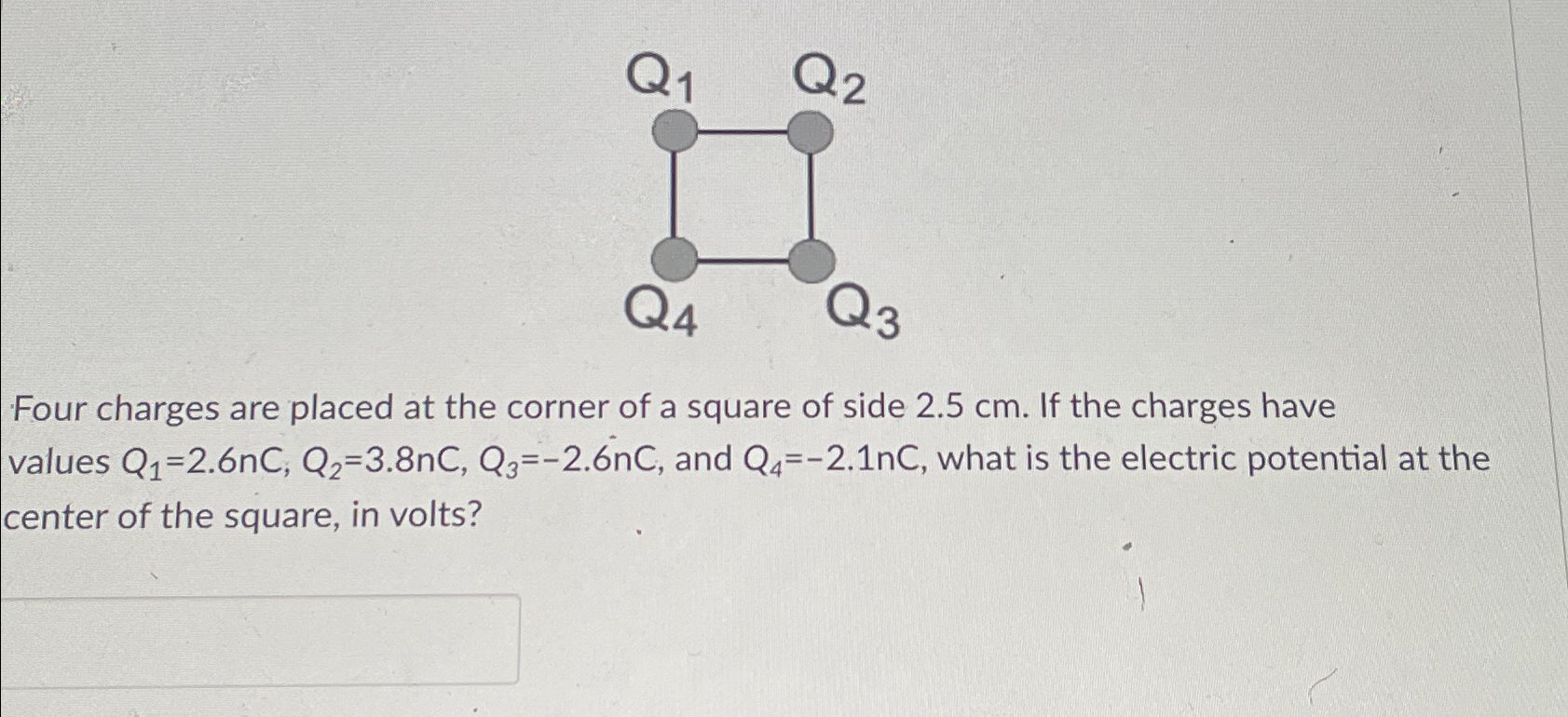 Solved Four charges are placed at the corner of a square of | Chegg.com