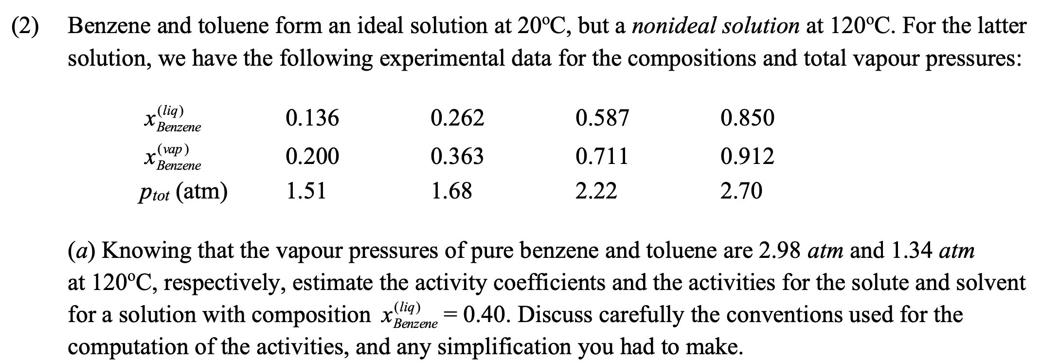 Solved (2) ﻿Benzene and toluene form an ideal solution at | Chegg.com