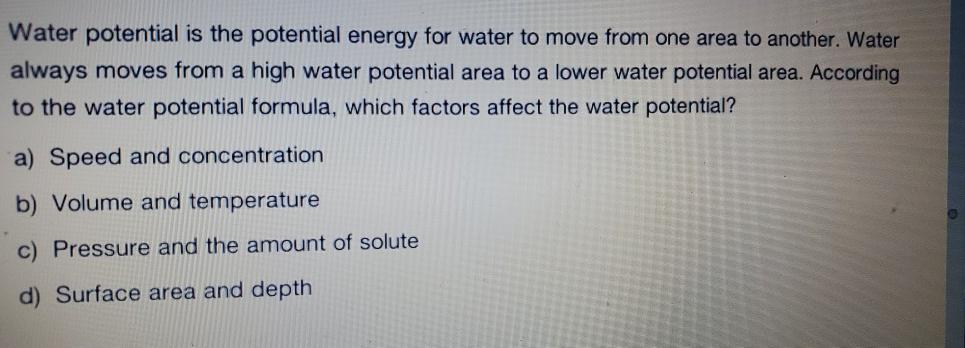 Solved Water potential is the potential energy for water to | Chegg.com