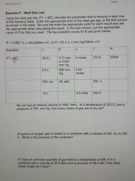 Solved Exercise E. Combined Gas Law Using the combined gas | Chegg.com