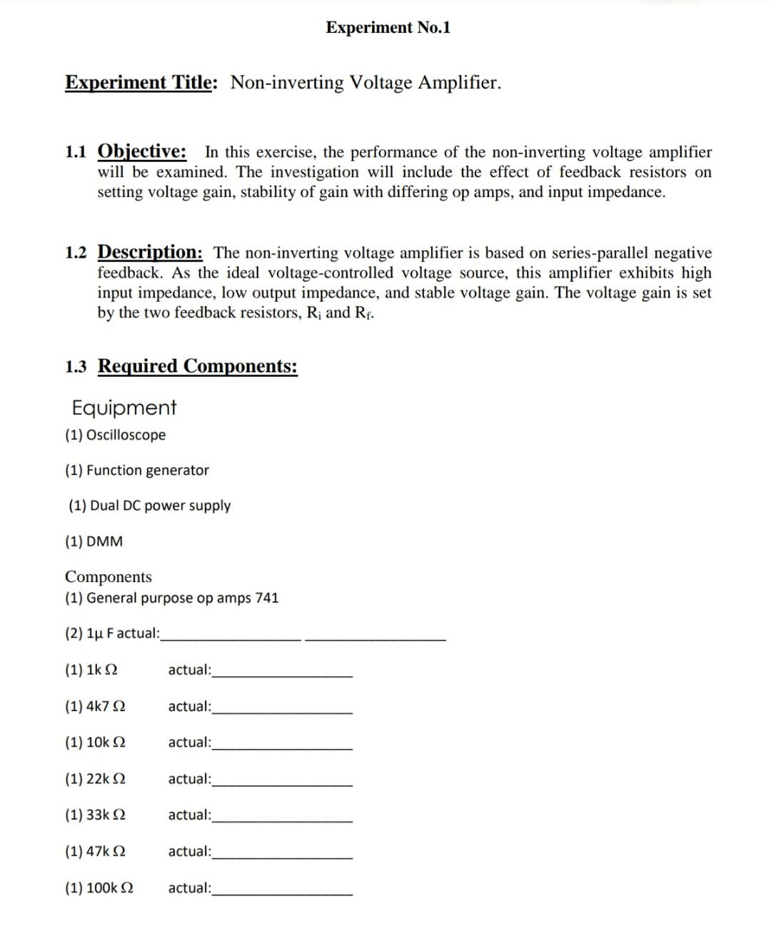 Solved Experiment No.1 Experiment Title: Non-inverting | Chegg.com