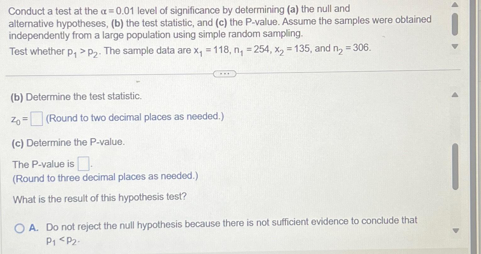 Solved Conduct a test at the α=0.01 ﻿level of significance | Chegg.com