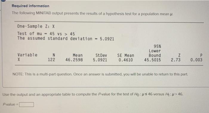 Solved Required information The following MINITAB output | Chegg.com