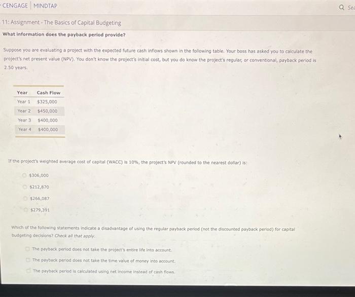 Solved What information does the payback period provide? | Chegg.com