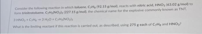 Solved Consider the following reaction in which toluene. | Chegg.com