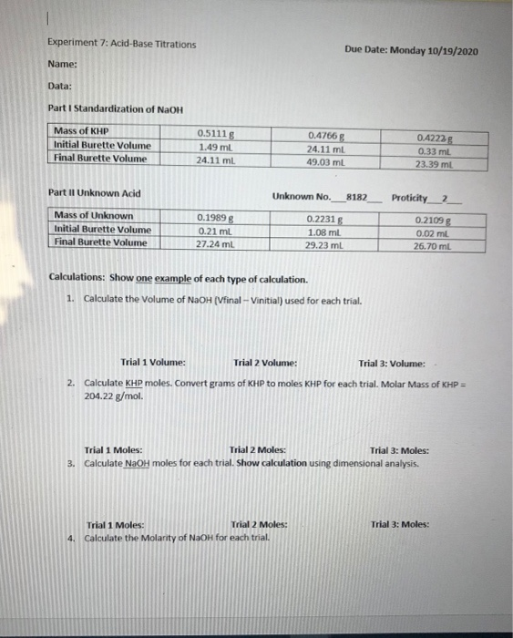 Solved Experiment 7: Acid-Base Titrations Due Date: Monday | Chegg.com