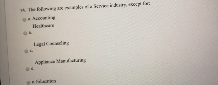 Solved 14. The following are examples of a Service industry, | Chegg.com