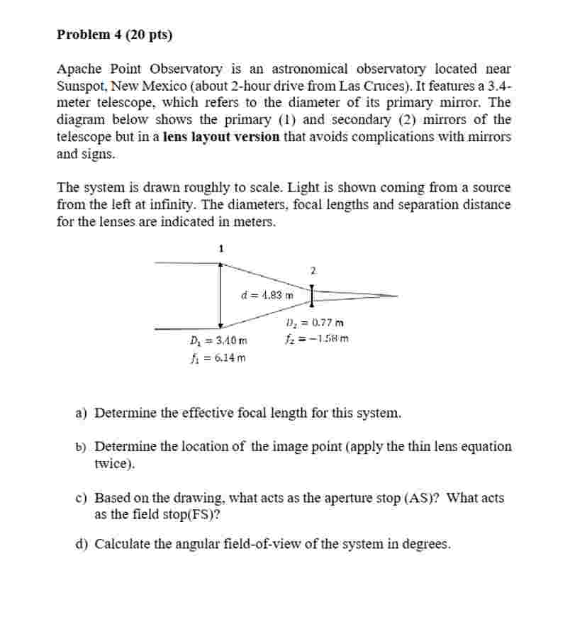 Problem 4 (20 ﻿pts) ﻿Apache Point Observatory is an | Chegg.com