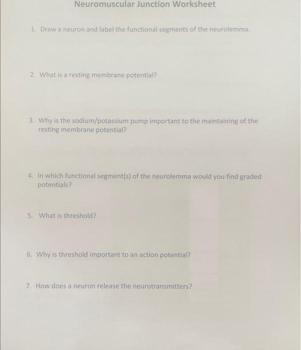 Solved Neuromuscular Junction Worksheet 1. Draw a neuron and | Chegg.com