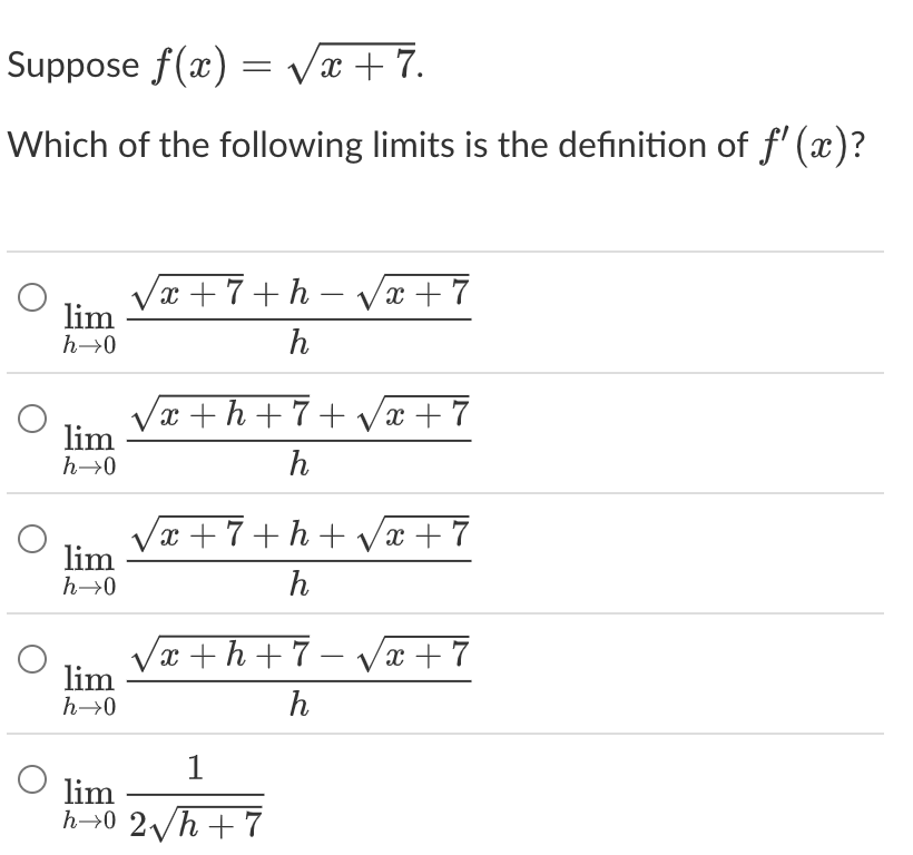 Solved Suppose f(x)=x+72.Which of the following limits is | Chegg.com