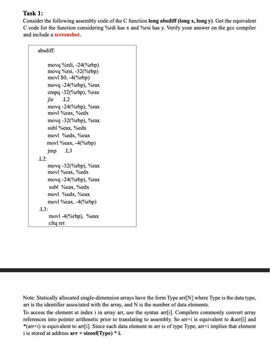 Solved Task 1: Consider the following assembly code of the C | Chegg.com