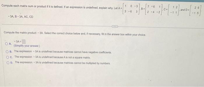 Solved −3 A, B−3 A,AC,CD Compute the matrix product - 3A. | Chegg.com