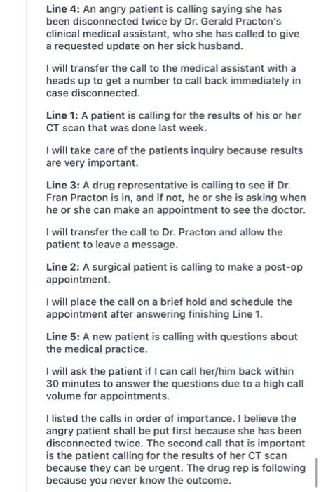 Solved Line 4: An angry patient is calling saying she has | Chegg.com