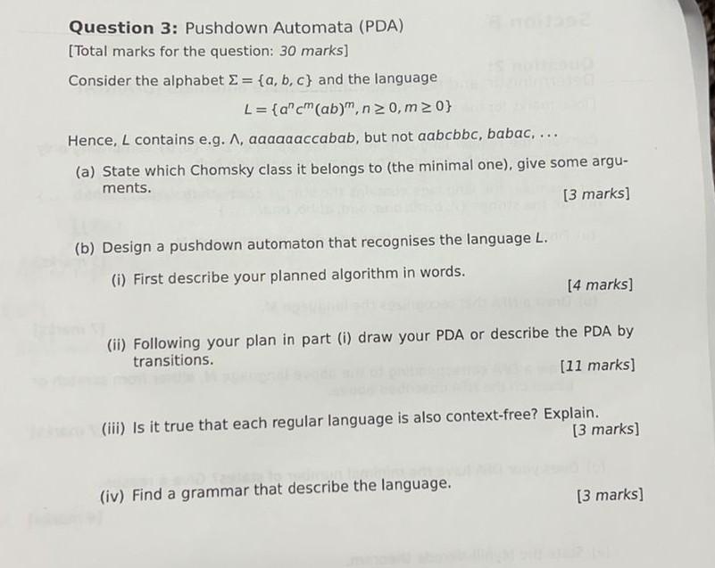 Question 3 Pushdown Automata Pda [total Marks For