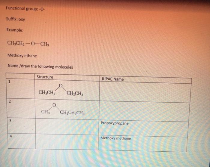 Solved CH3CH2−O−CH3 Methoxy ethane Name/draw the following | Chegg.com
