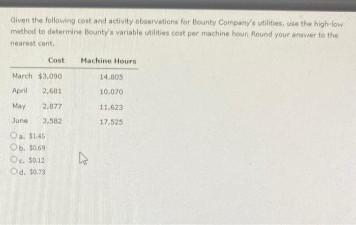 Solved Given the following cost and activity observations | Chegg.com