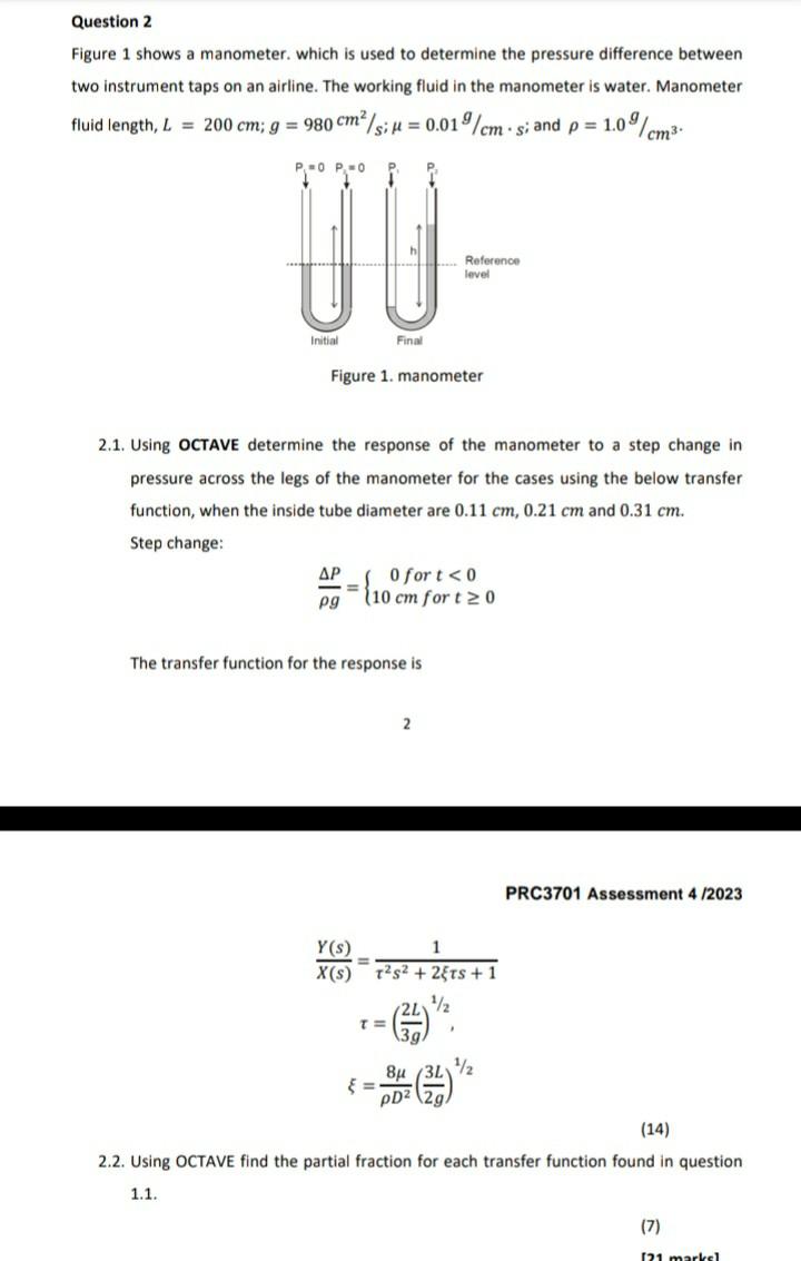 Solved Question 2 Figure 1 shows a manometer. which is used | Chegg.com