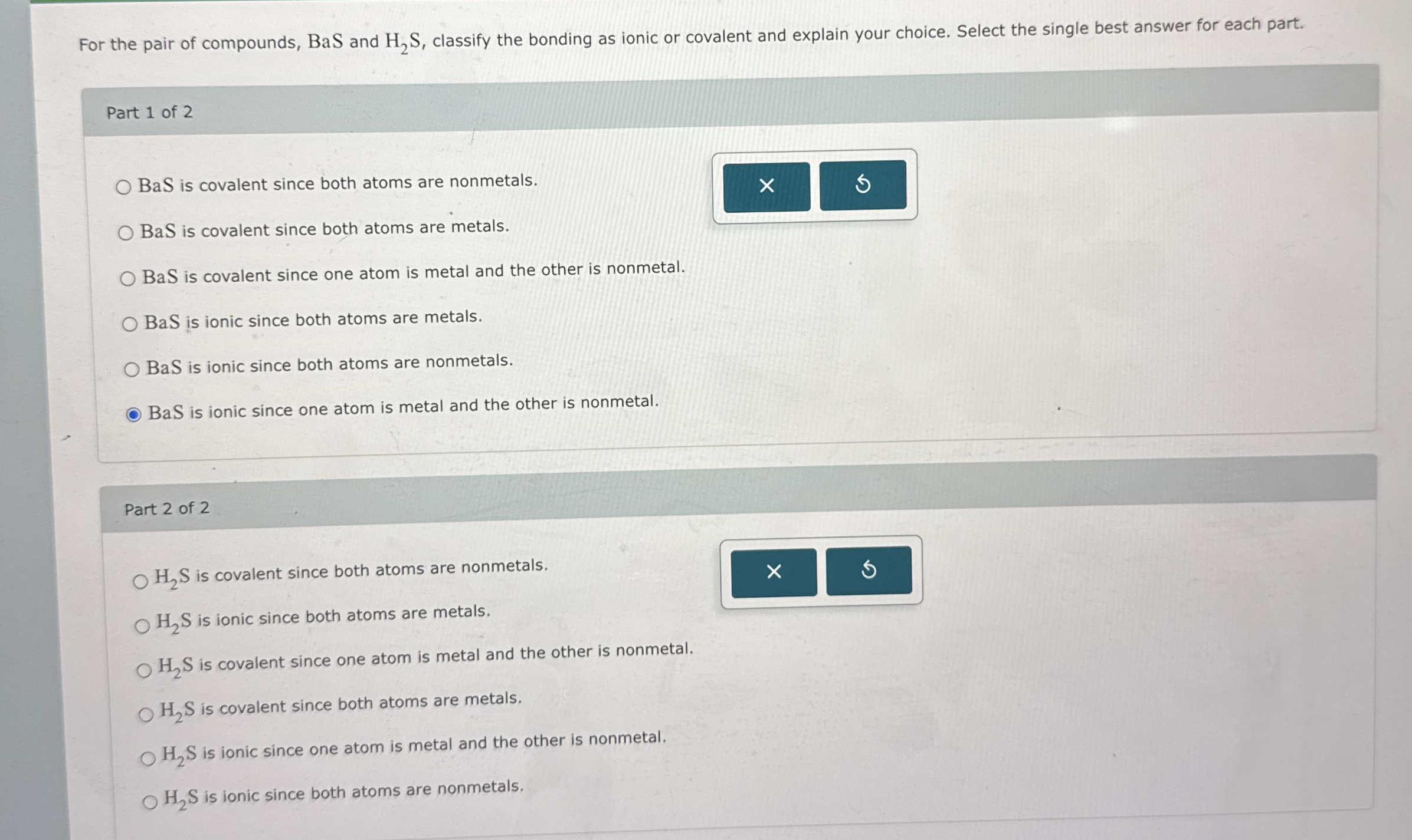 Solved For the pair of compounds, BaS and H2S, ﻿classify the | Chegg.com