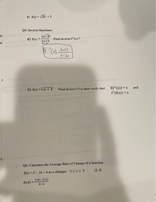 Solved b) f(x)=2x+3 Q5: Inverse functions. a) f(x)=2x+35x−2v | Chegg.com