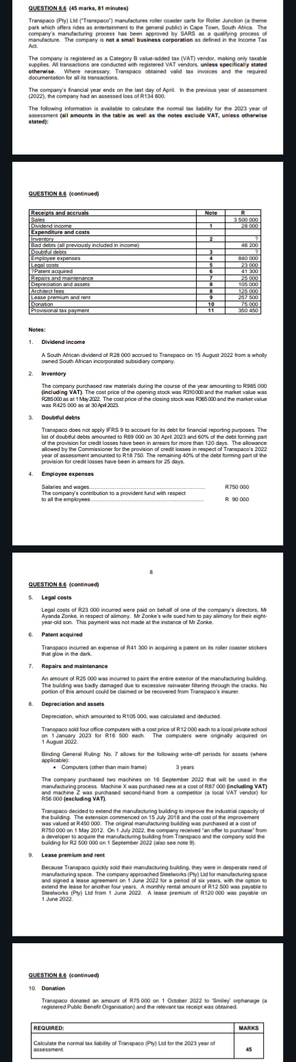 Solved QUESTION86 (45 ﻿marks, 81 ﻿minutes)Transpaco (Pty) | Chegg.com