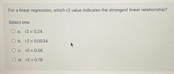 Solved For a linear regression, which r2 value indicates the | Chegg.com