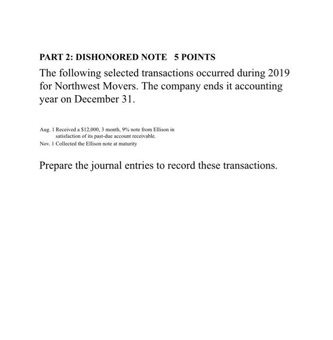 Solved PART 2: DISHONORED NOTE 5 POINTS The following | Chegg.com