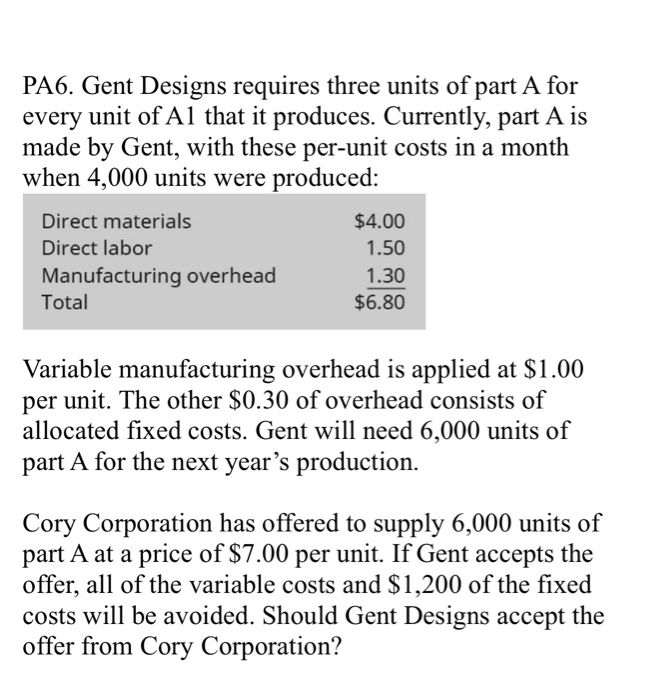 Solved PA6. Gent Designs requires three units of part A for | Chegg.com