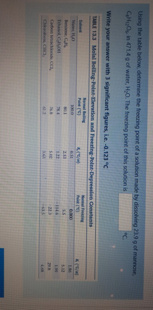 Solved Using the table below, determine the freezing point | Chegg.com