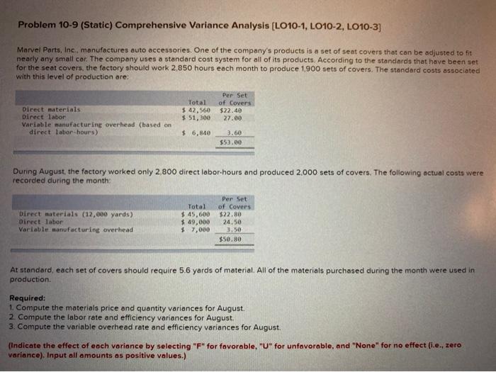 Solved Problem 10-9 (Static) Comprehensive Variance Analysis | Chegg.com