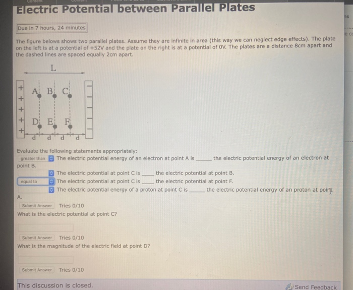 Solved Electric Potential between Parallel Plates 15 е со | Chegg.com