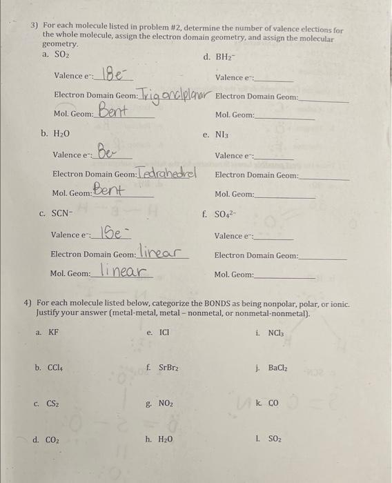 Solved 3) For each molecule listed in problem \#2, determine | Chegg.com
