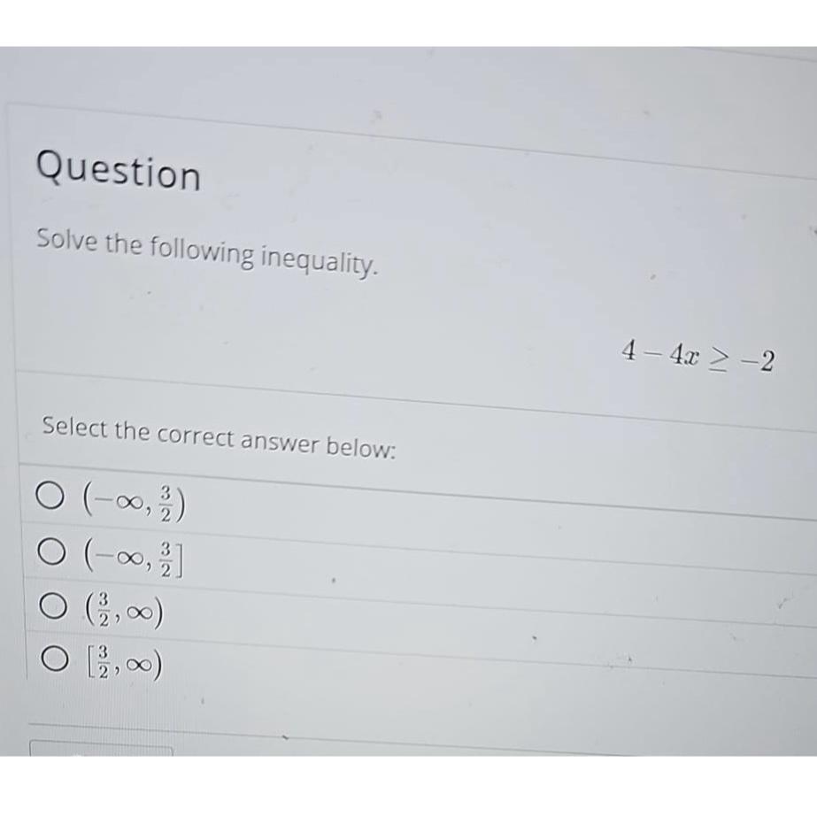 Solved QuestionSolve the following inequality.4-4x≥-2Select | Chegg.com