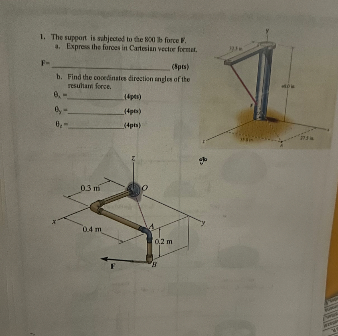 Solved The support is subjected to the 800 ﻿lb force F.a. | Chegg.com
