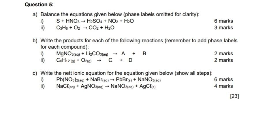 Solved a) Balance the equations given below (phase labels | Chegg.com