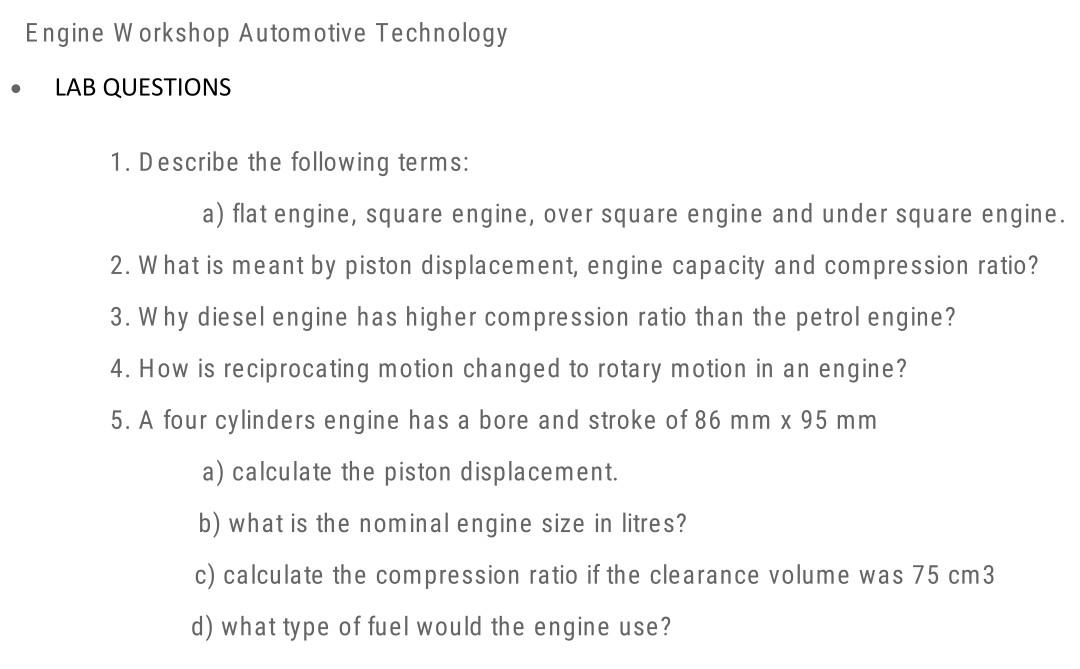 Solved Engine Workshop Automotive Technology LAB QUESTIONS | Chegg.com