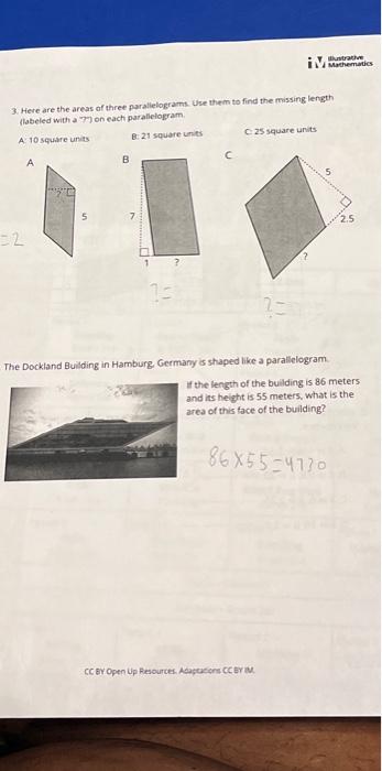Solved 3. Here are the areas of three parallelograms. Use | Chegg.com