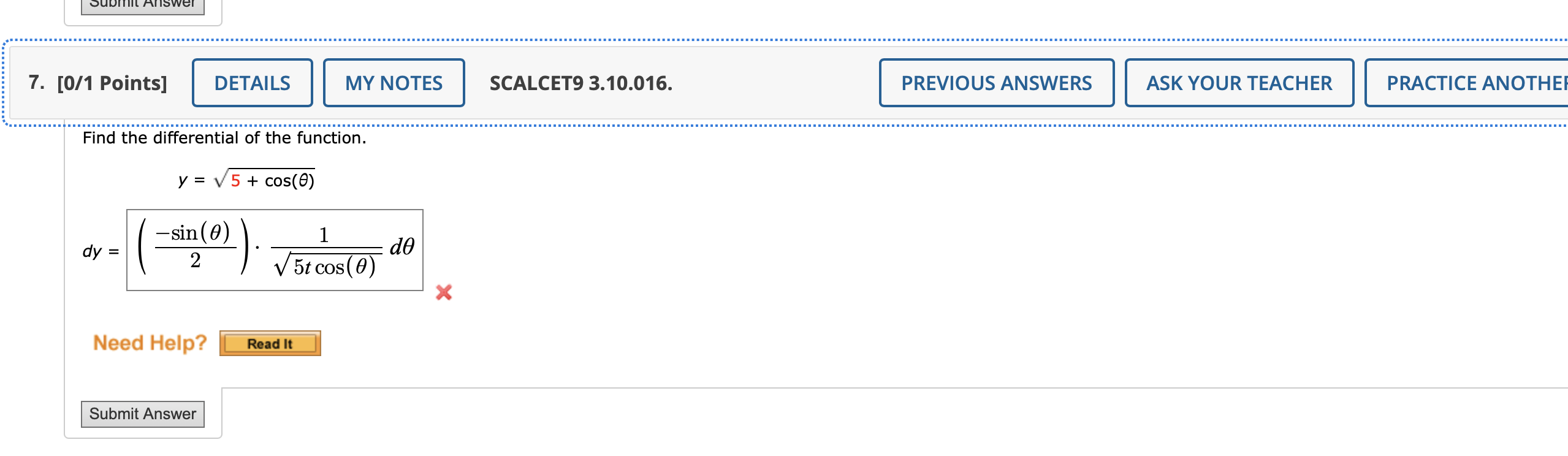 Solved [0/1 ﻿Points]SCALCET9 3.10.016.Find the differential | Chegg.com