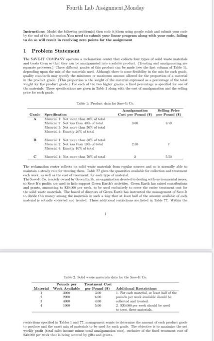 Fourth Lab Assignment, Monday Instruction Model the | Chegg.com