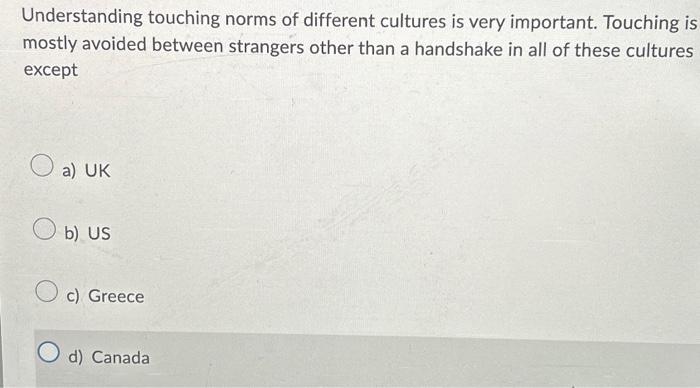 Solved Understanding touching norms of different cultures is | Chegg.com