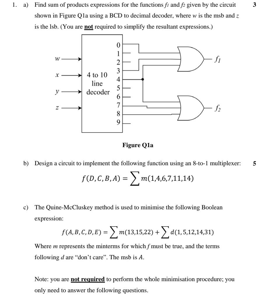 Solved 3 1. a) Find sum of products expressions for the | Chegg.com