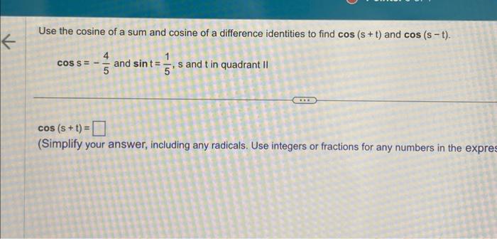 Solved Use the cosine of a sum and cosine of a difference | Chegg.com
