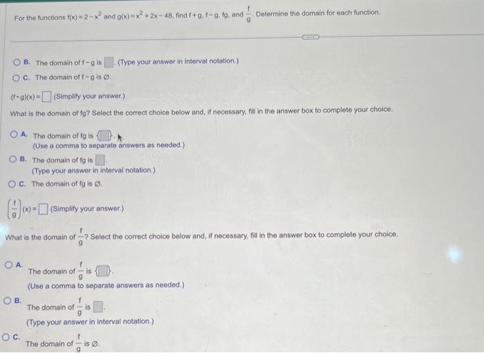 Solved For the functions f(x)=2−x2 and g(x)=x2+2x−48, find | Chegg.com