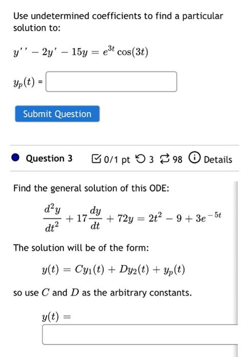 Solved differential equations 2nd order linear ODE, method | Chegg.com