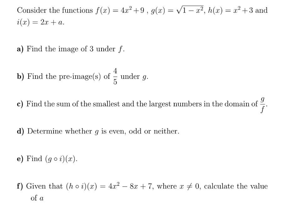 Solved Consider the functions f(x)=4x2+9,g(x)=1−x2,h(x)=x2+3 | Chegg.com