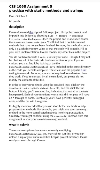 CIS 1068 Assignment 5 practice with static methods | Chegg.com
