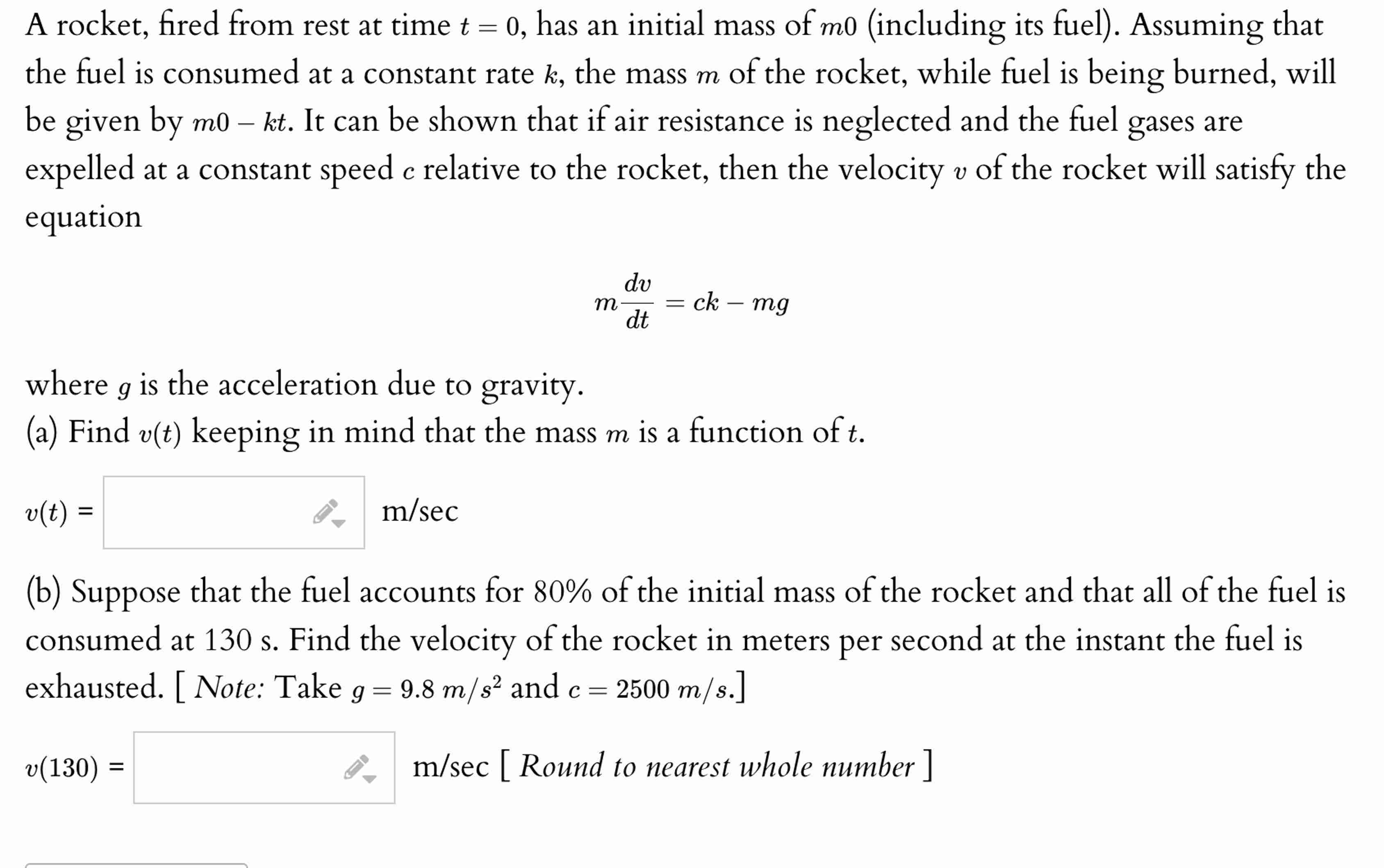 Solved A rocket, fired from rest at time t=0, ﻿has an | Chegg.com