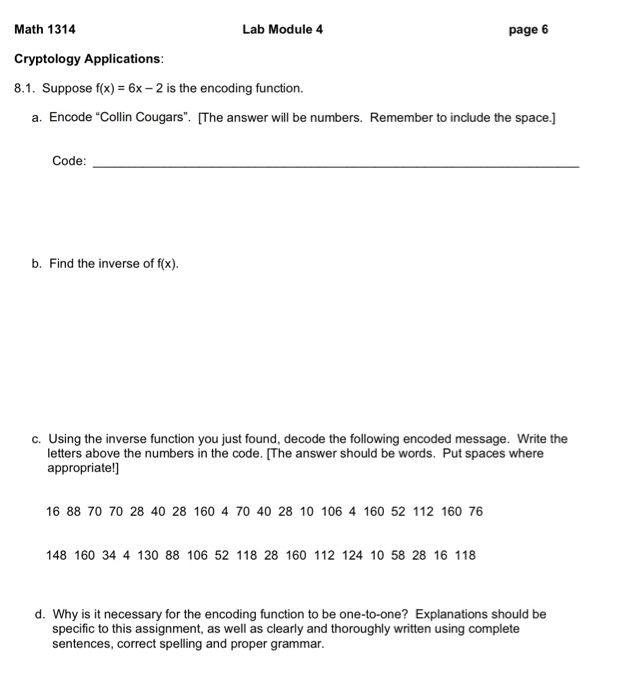 Solved Math 1314 Lab Module 4 page 5 8. Cryptology is the | Chegg.com