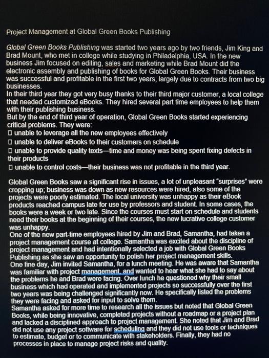 Solved Project Management at Global Green Books Publishing | Chegg.com